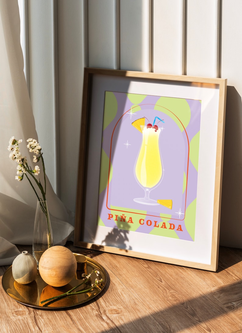 Cocktail Poster Retro Wall Art, Colourful Pina Colada Print, Digital ...