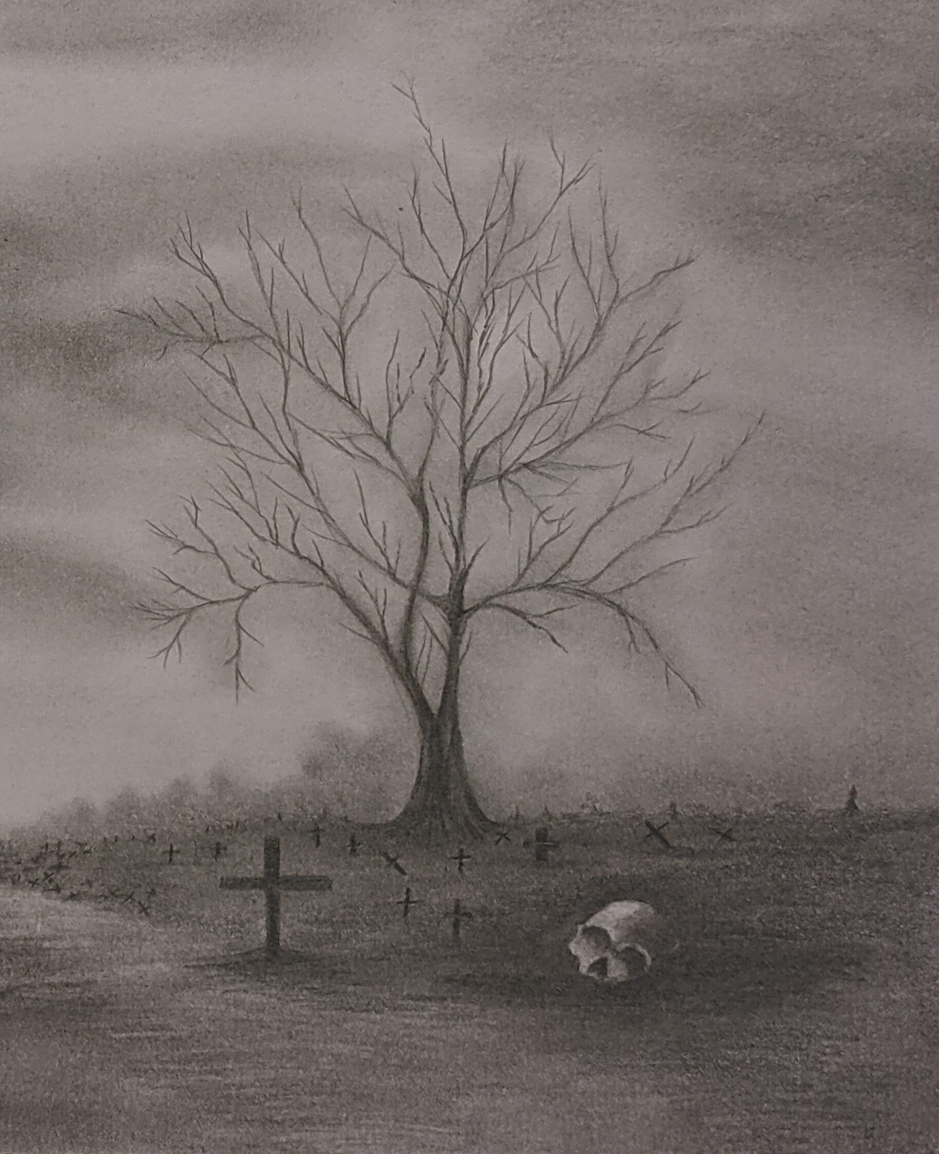 Original Dark Art Skull and Cross Landscape Art Pencil Sketch Drawing ...