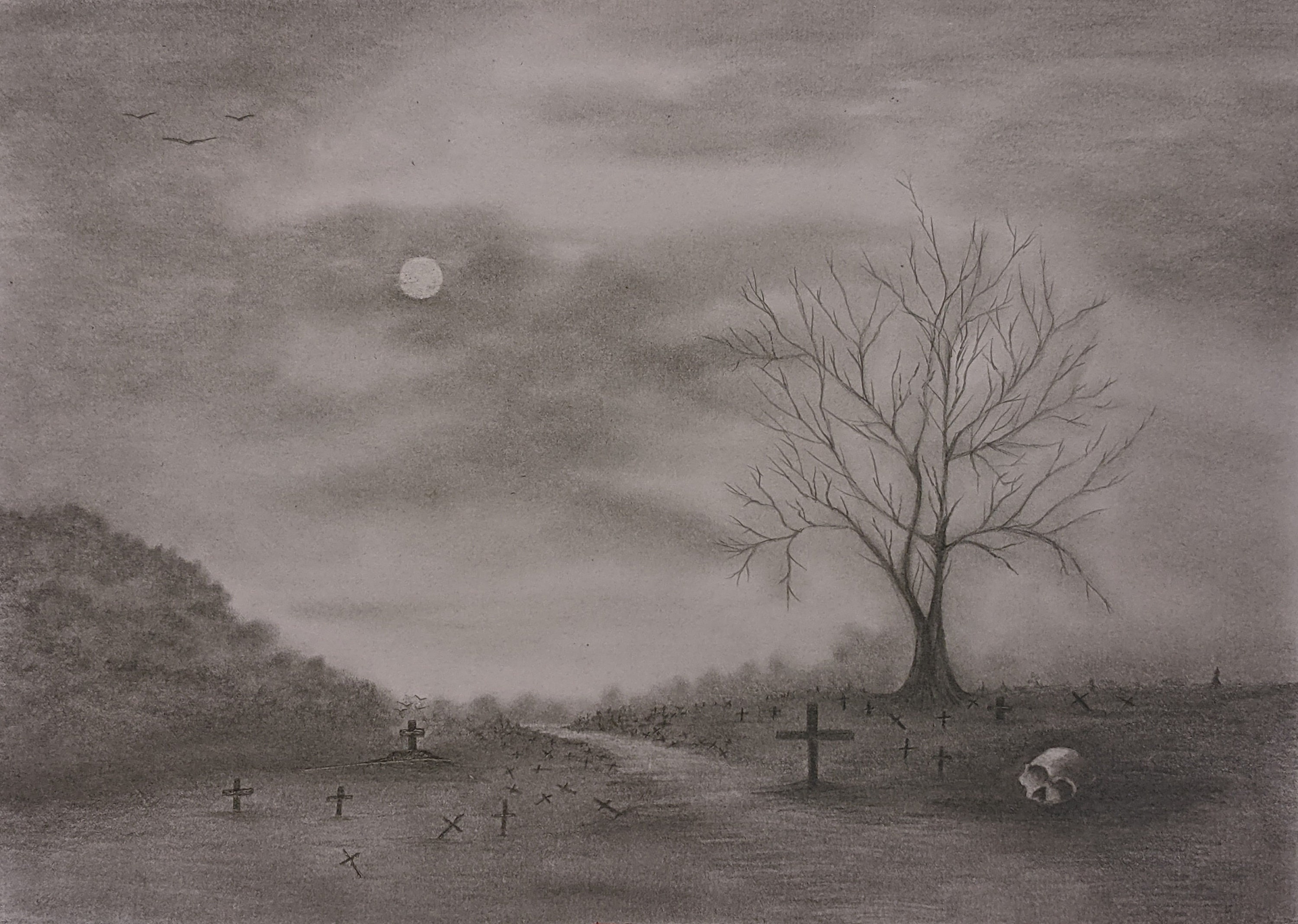 Original Dark Art Skull and Cross Landscape Art Pencil Sketch Drawing ...