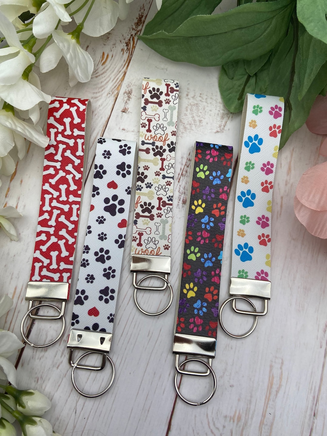 Dog Lovers Paw Prints and Bones Faux Leather Key Fob Set, Custom ...