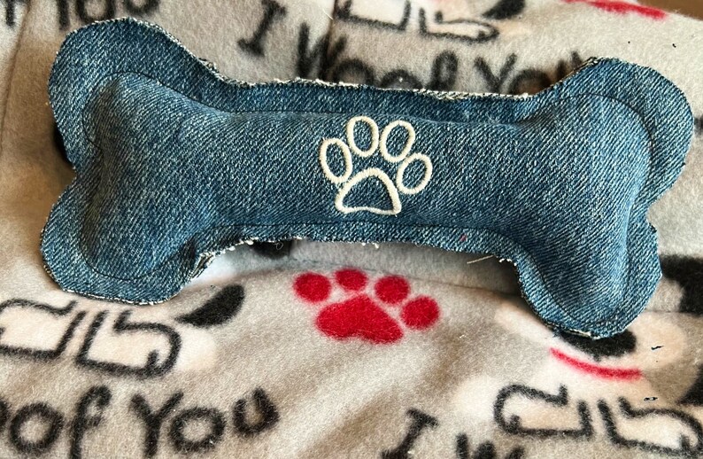 Denim Dog / Pet Toy Bone With Squeakers and Your Choice of Embroidered ...