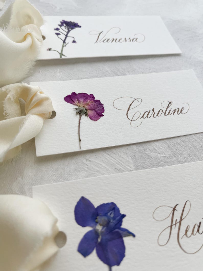 Handmade Calligraphy Place Cards With Real Pressed Flowers & Satin ...