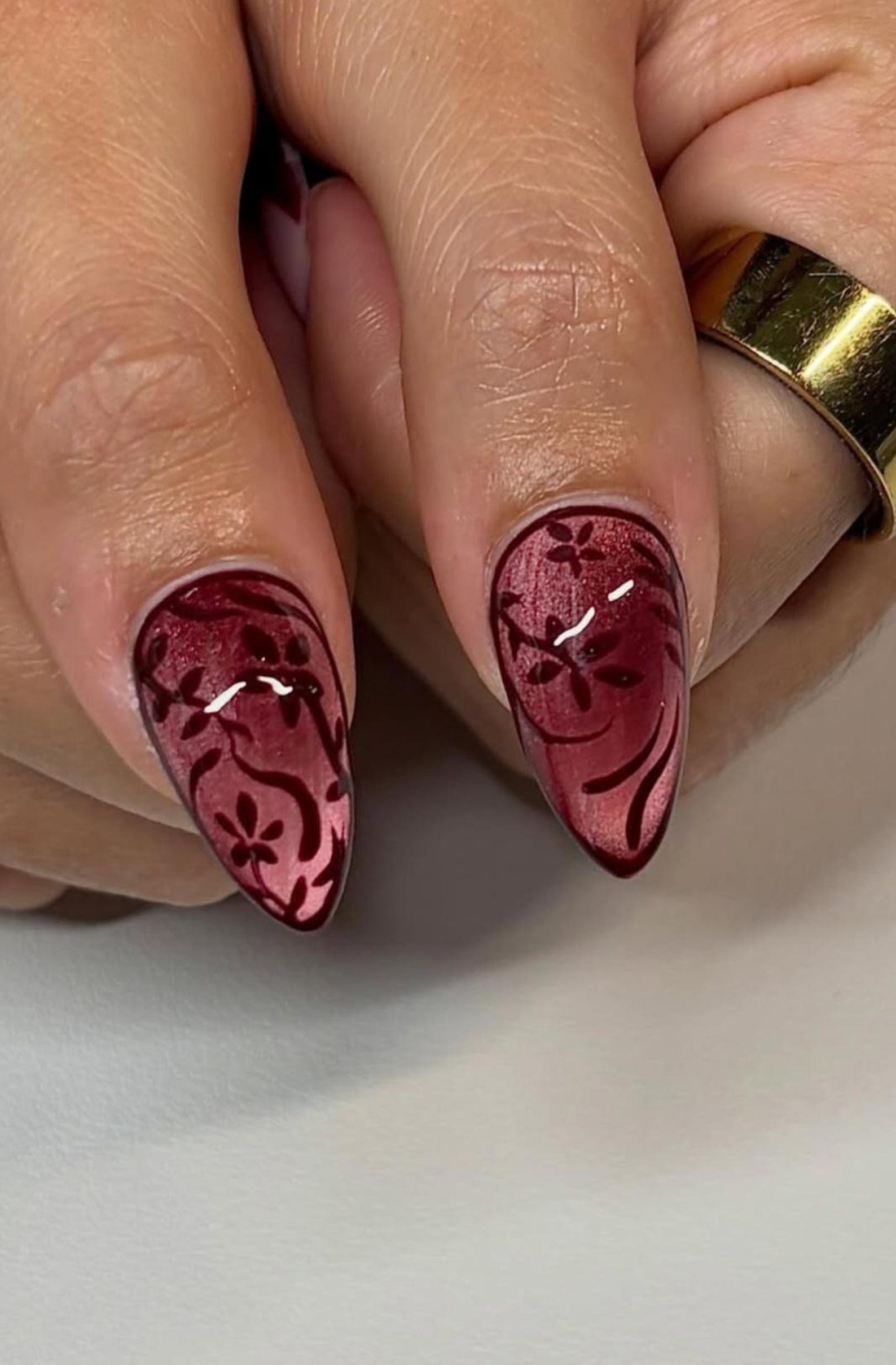 Berry Flowers Press on Nails, French Tip, Chrome, Glue on Nails, Red ...