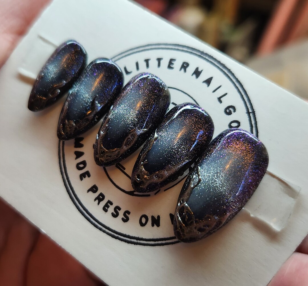 Cat Eye Press on Nails, French Tip Nails, Cyber Nails, Dark Nails, Magnetic Glue Ons, Chrome - Etsy