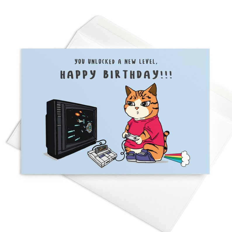 Gamer Cat Video Gamer Birthday Card for Video Games and Cat Lovers ...