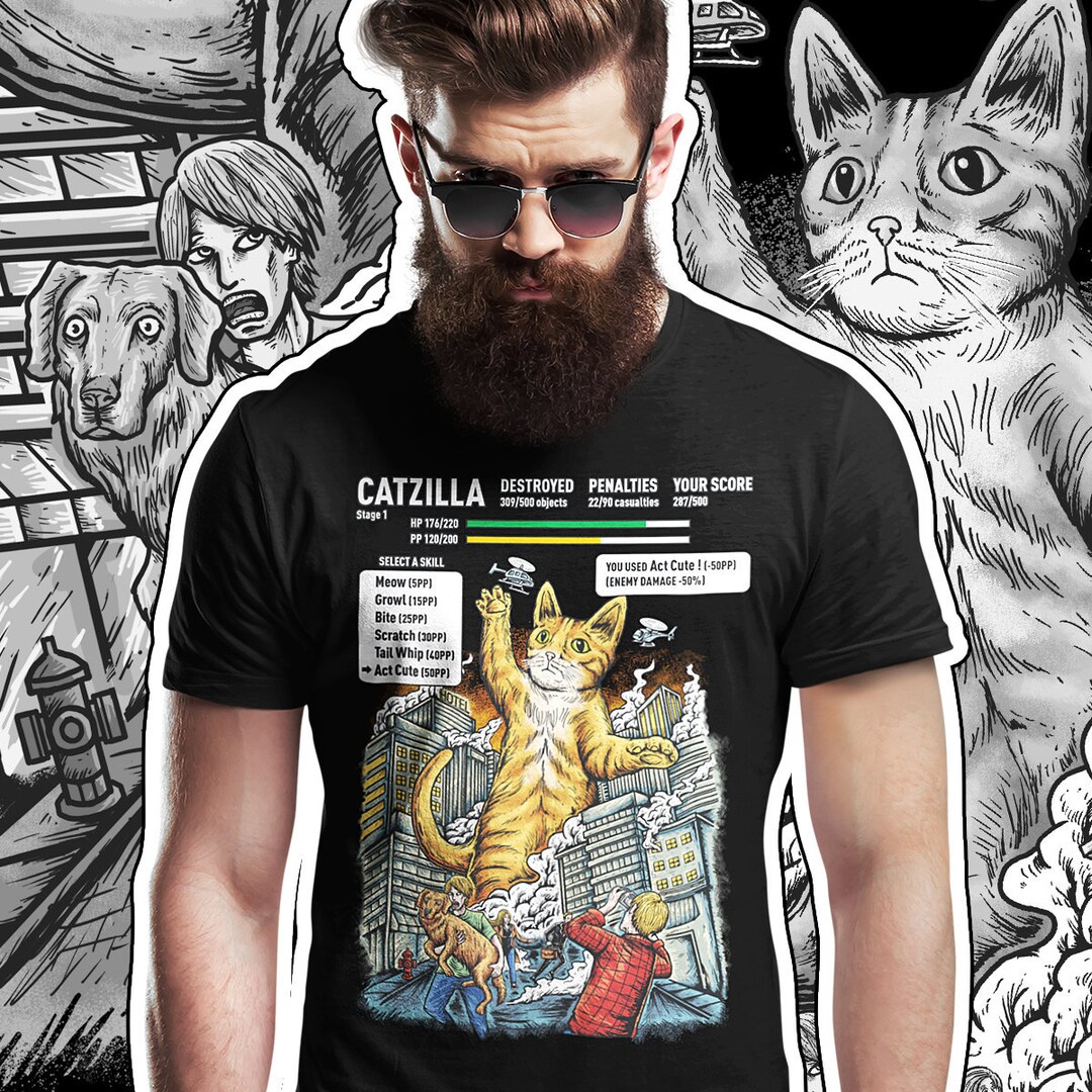 Catzilla Tshirt | Cat Lover Gaming T-shirt | Cute Cats, Geeks & Video ...