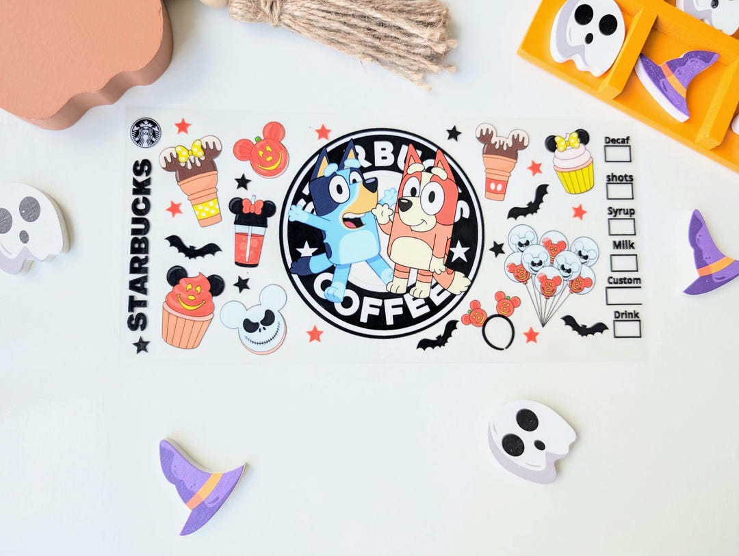 Bluey Halloween UV DTF Wrap Double Print Bluey Vampire UV Dtf Printing 16oz Glass Can Transfer ...