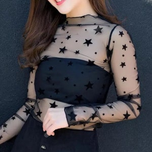 Transparent Mesh Top, Black, Moon & Stars, Celestial, Cute Sheer, Women ...