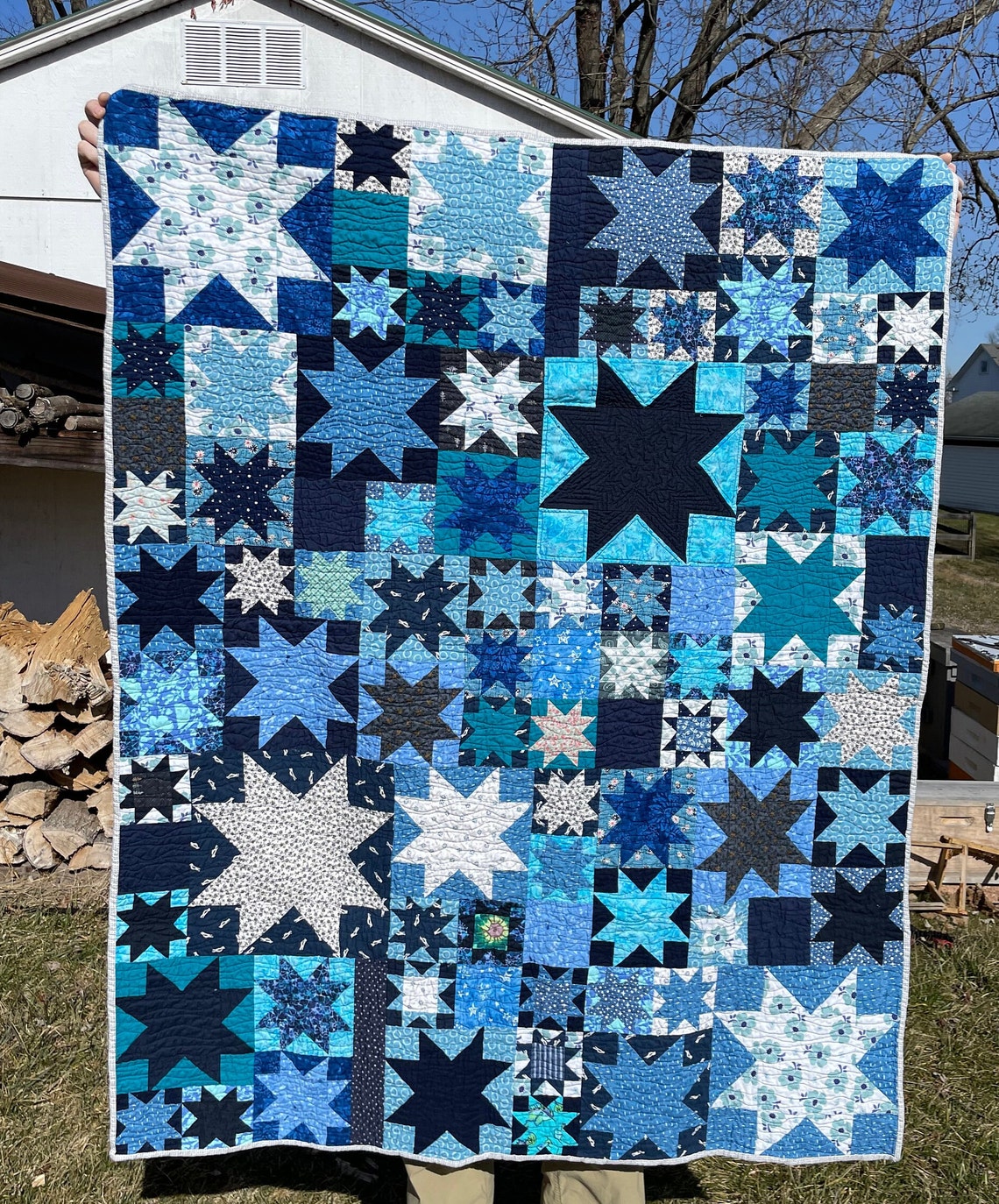 Blue Scrappy Stars Throw Quilt - Etsy
