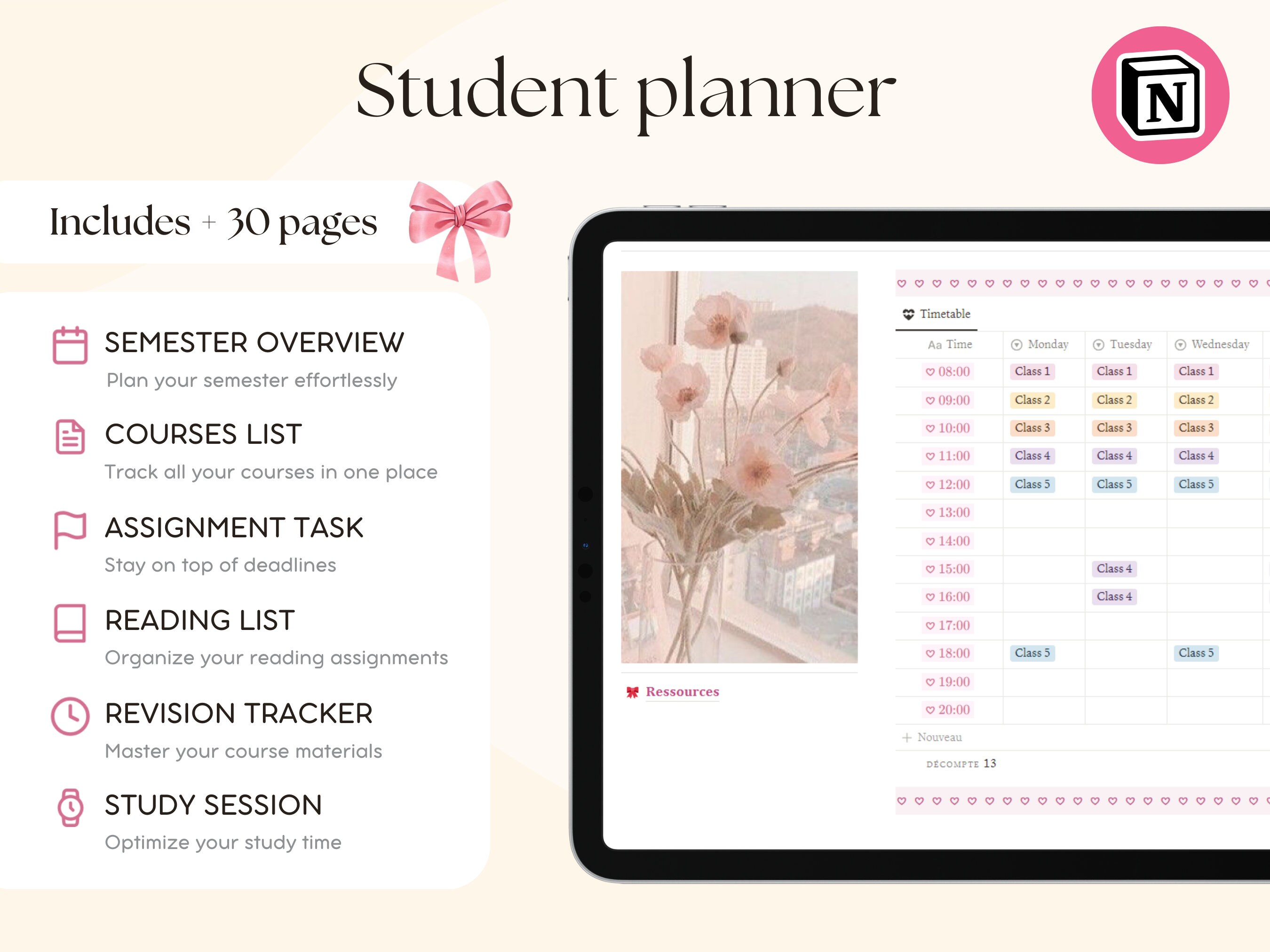 Coquette Student Planner, Template Notion, All-in-one, ADHD, Aesthetic ...