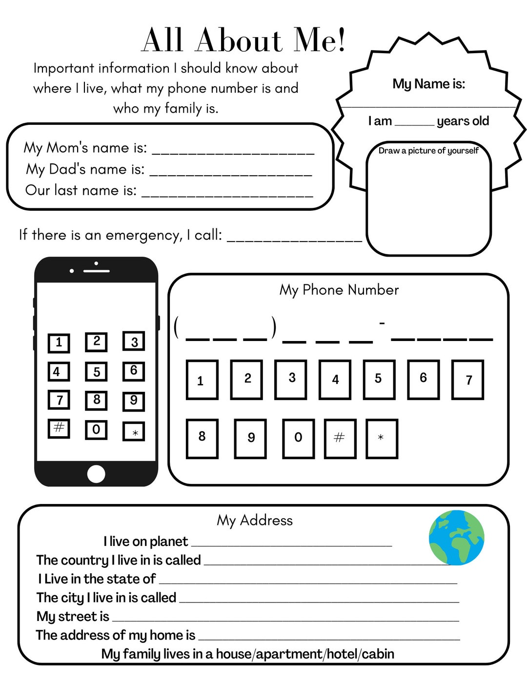 Kid's Worksheet of Contact Information for Emergency - Etsy