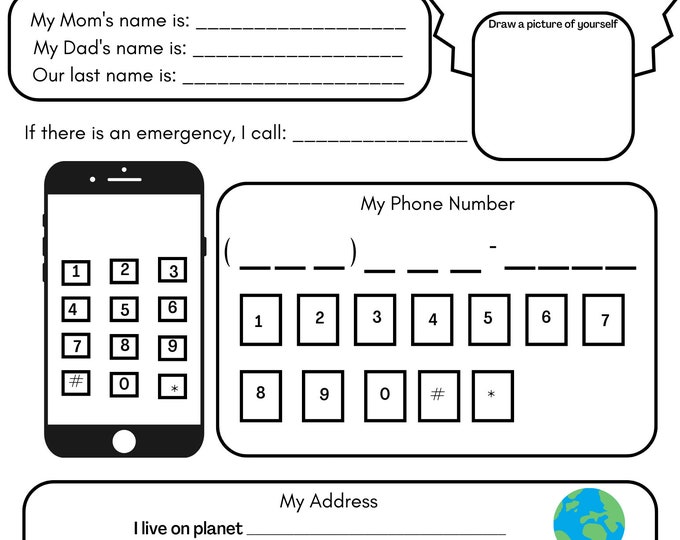 Kid's Worksheet of Contact Information for Emergency - Etsy