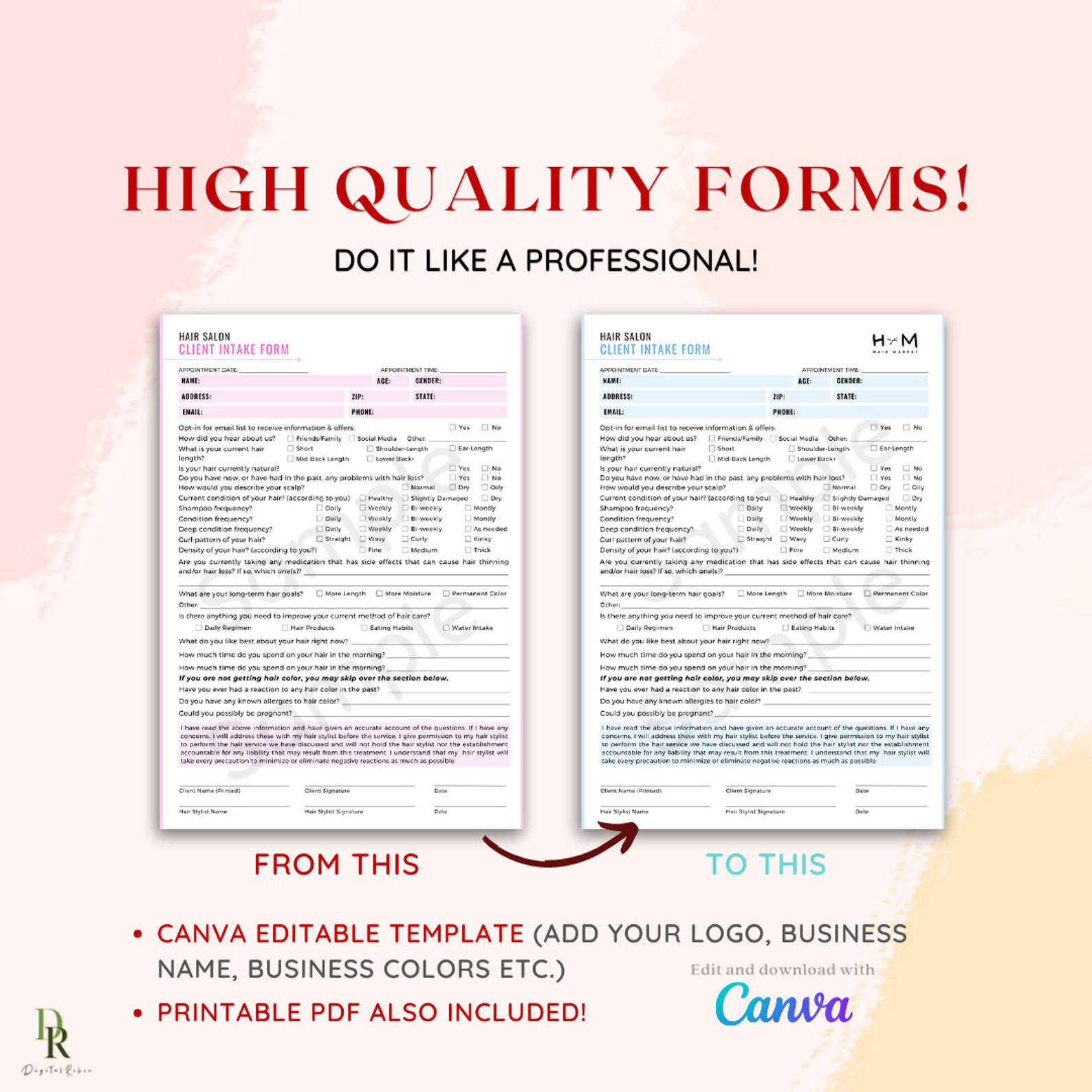 Hair Salon Intake Form Hair Stylist New Client Forms Hair | Etsy