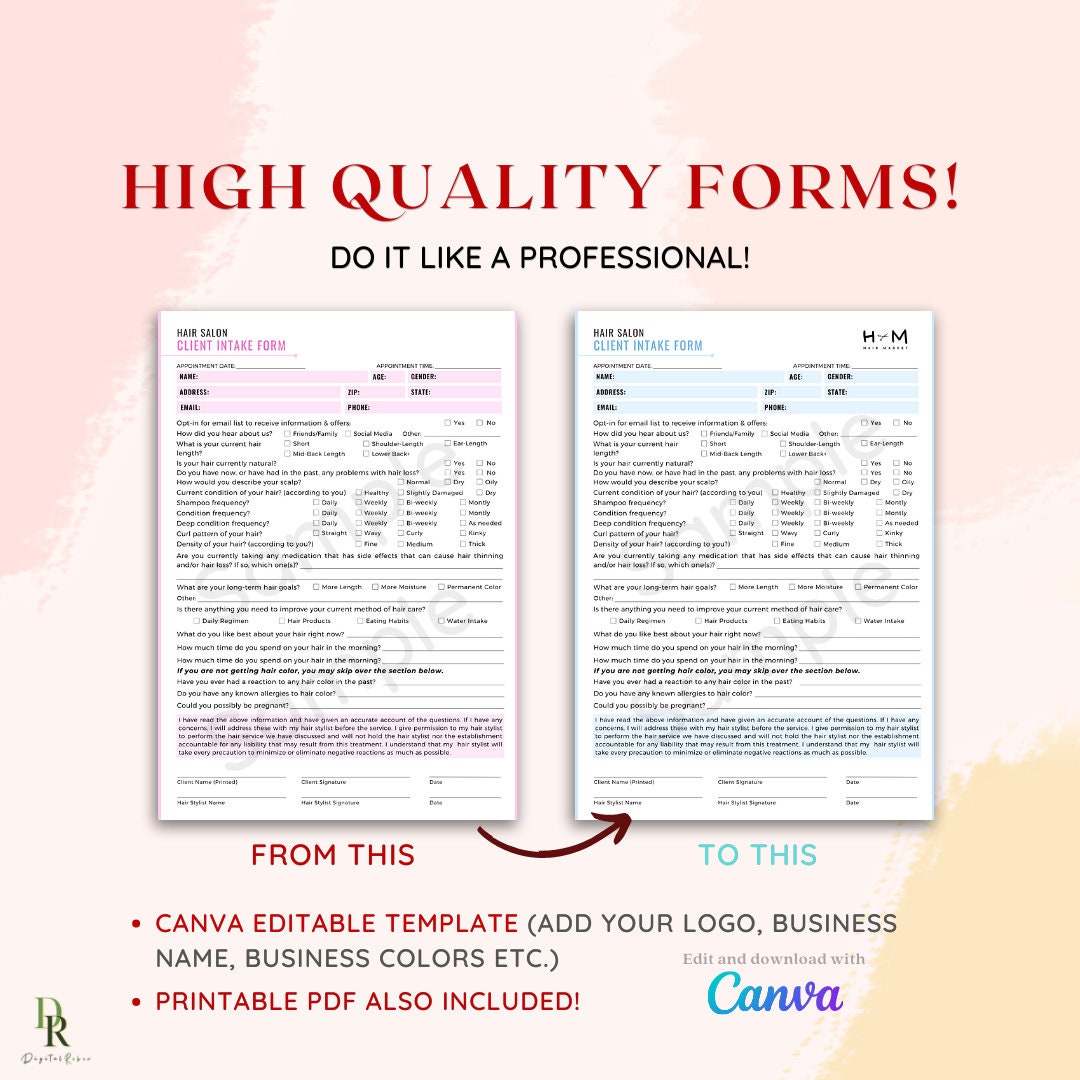 Hair Salon Intake Form, Hair Stylist New Client Forms, Hair Salon ...