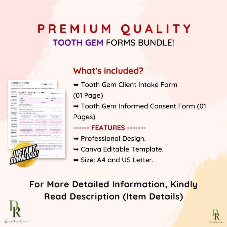 Tooth Gem Consent Form, Tooth Gem Intake Form, Tooth Gem Forms, Tooth ...