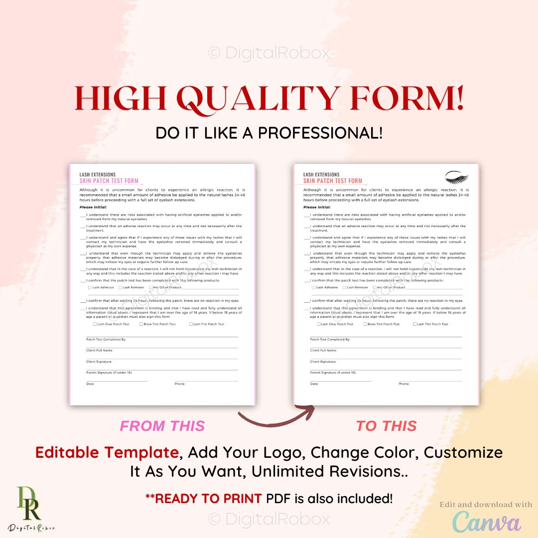 Lash Extension Patch Test Form, Lash Lift Patch Test, Lash Adhesive ...