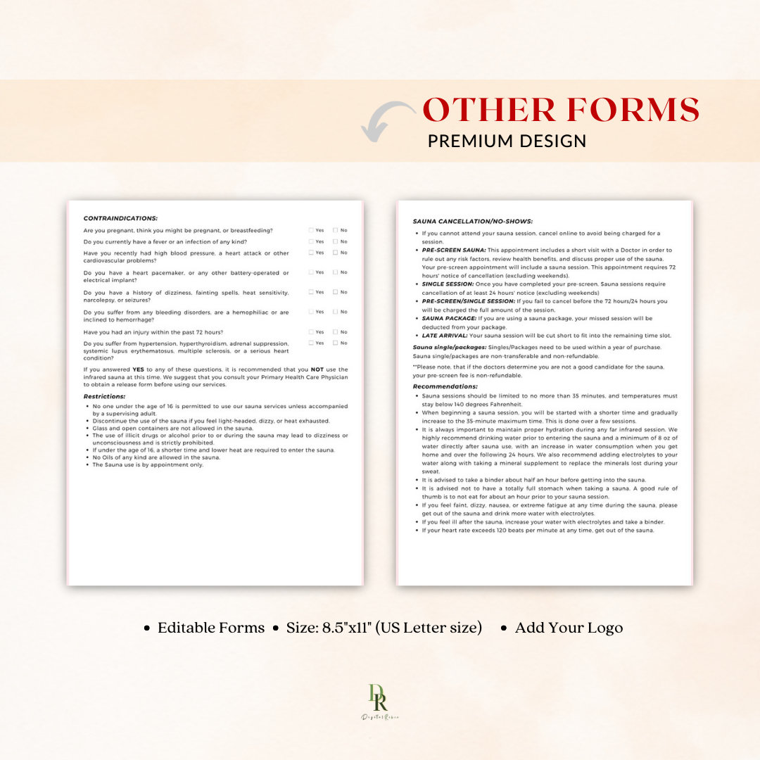 Infrared Sauna Consent Form, Infrared Sauna Intake, Detox Sauna Intake ...