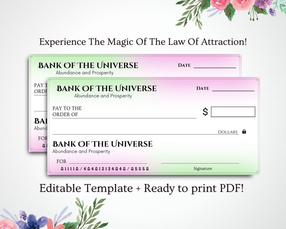 Money Manifestation Checks Printable Vision Board Cheque the Law of ...