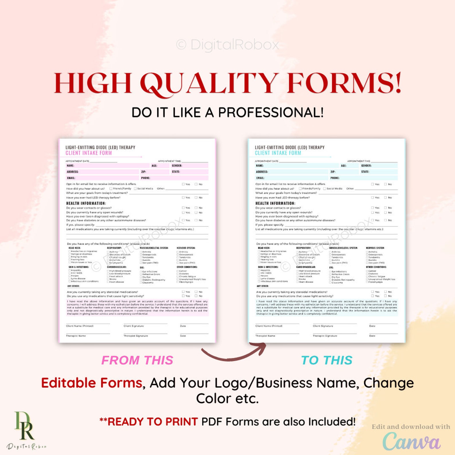 LED Light Therapy Consent Form, LED Light Therapy Form, Day Spa Cosnent ...