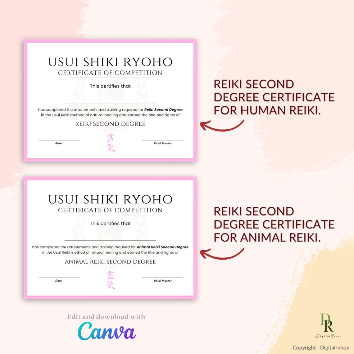 Reiki Certificate Template Levels I, II, and Master, Editable Canva ...
