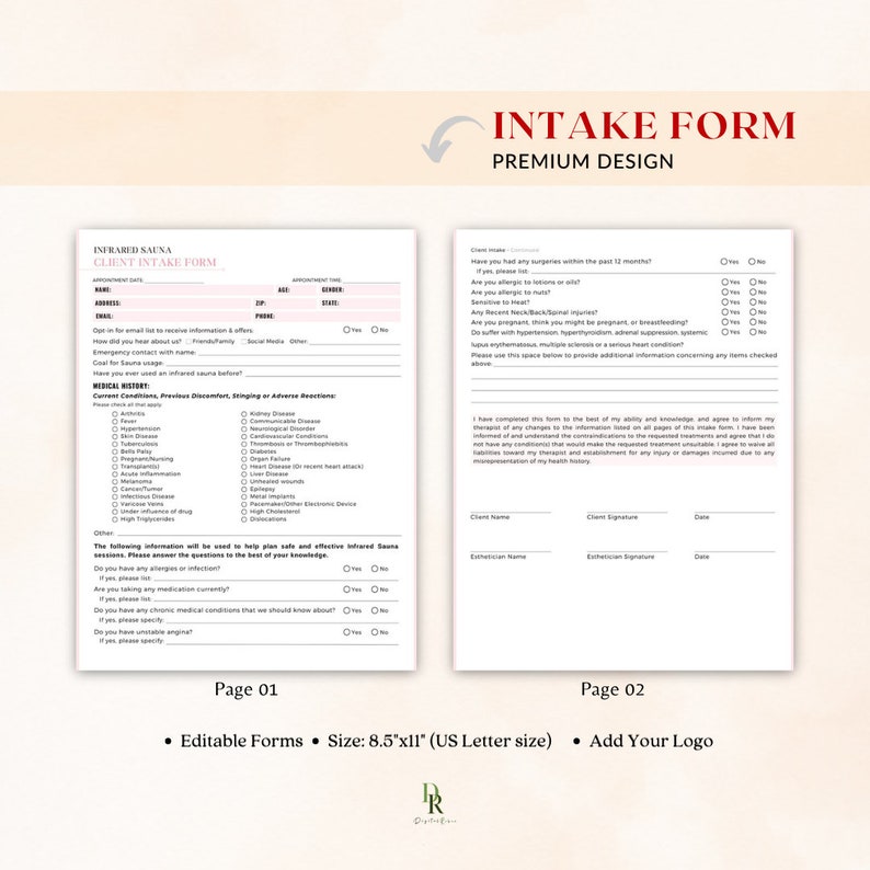 Infrared Sauna Consent Form, Infrared Sauna Intake, Detox Sauna Intake Form, Sauna Therapy Forms ...