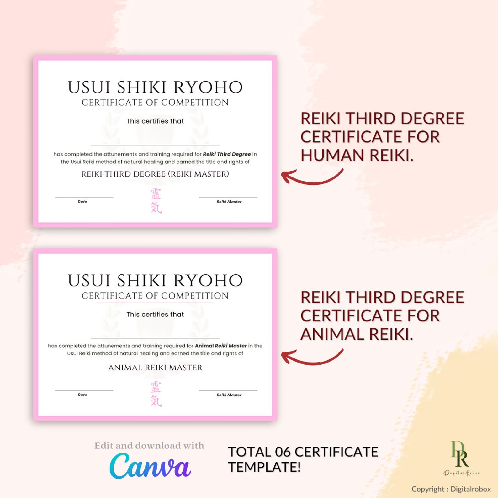 Reiki Certificate Template Levels I, II, and Master, Editable Canva ...