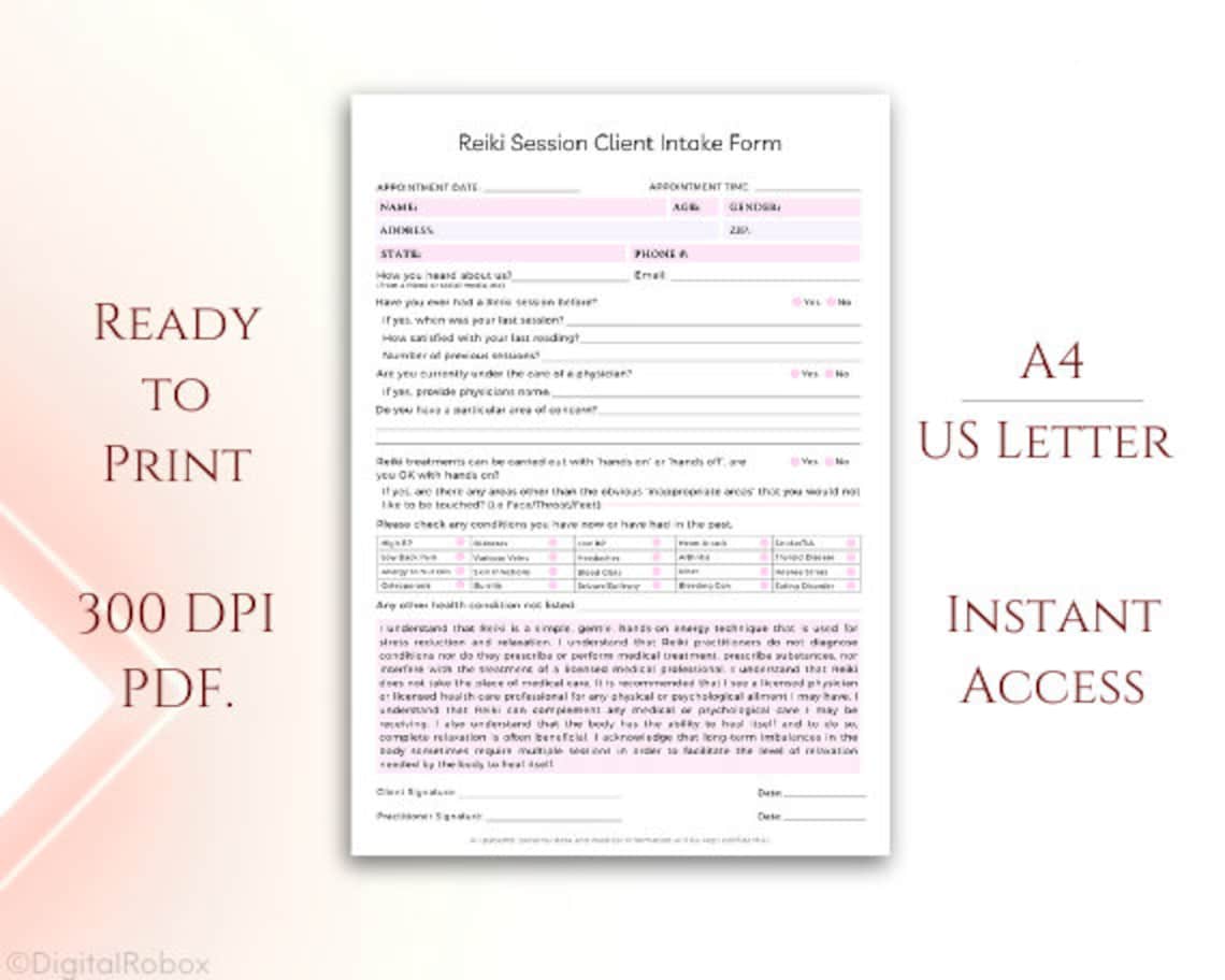 Reiki Session Client Intake Form, Reiki Consultation Form, Fillable ...