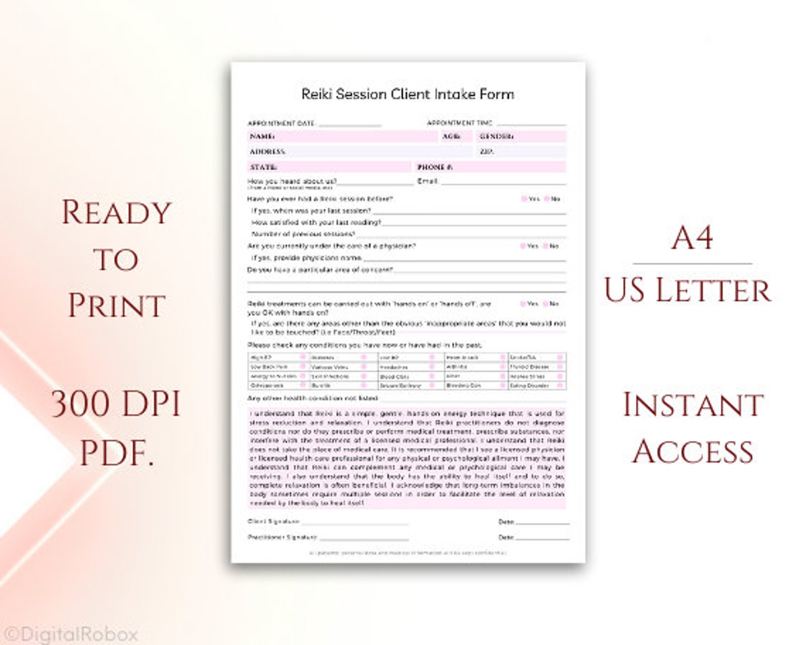 Reiki Session Client Intake Form, Reiki Consultation Form, Fillable ...