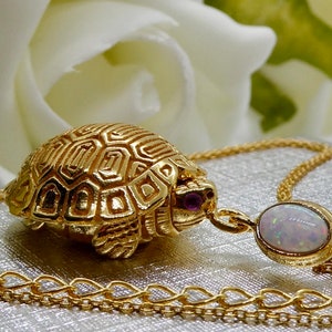 Tortoise Locket Necklace Ruby Eyes Silver 18ct Gold Plated - 18” Chain ...