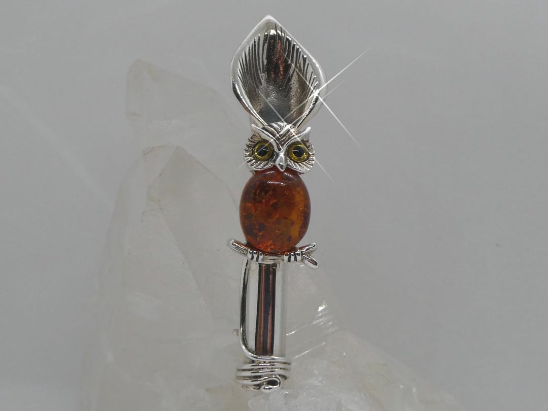 Silver OWL TUSSIE MUSSIE Posy Holder Brooch Pin *cultured Amber* Lapel ...