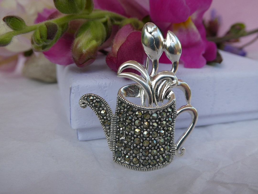 FLOWER BROOCH Pin * Silver 925 * Watering Can Brooch Pin * Marcasite ...