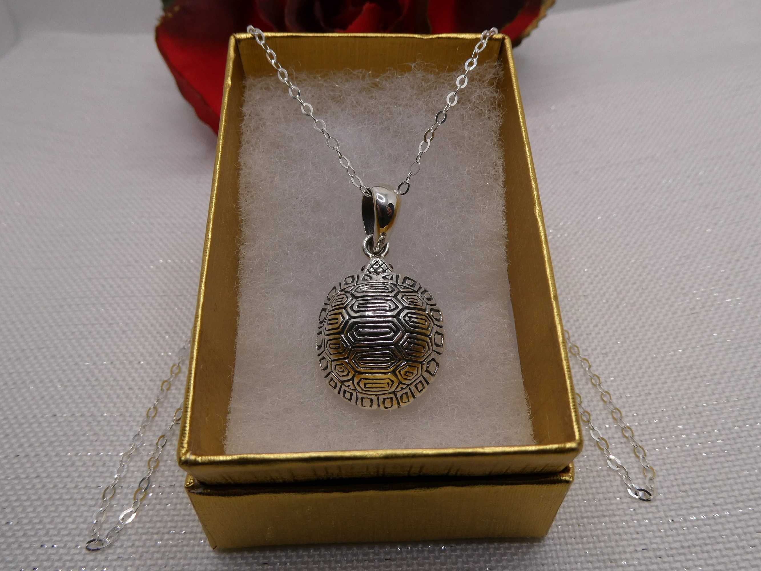 Tortoise Locket Necklace Ruby Eyes on 18 Chain Silver - Etsy