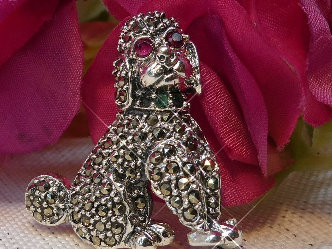 Poodle BROOCH Pin * Silver * Ruby Eyes * Marcasite * Emerald Collar ...