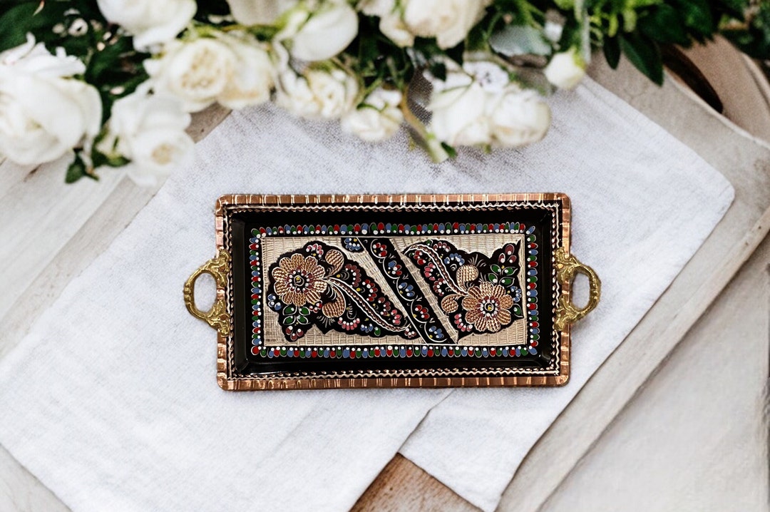 14.9'' Copper Serving Tray With Handles, Hand Engraved Copper Tray ...