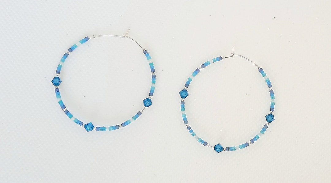 BLUE Beaded Hoop Earrings for Women - Etsy