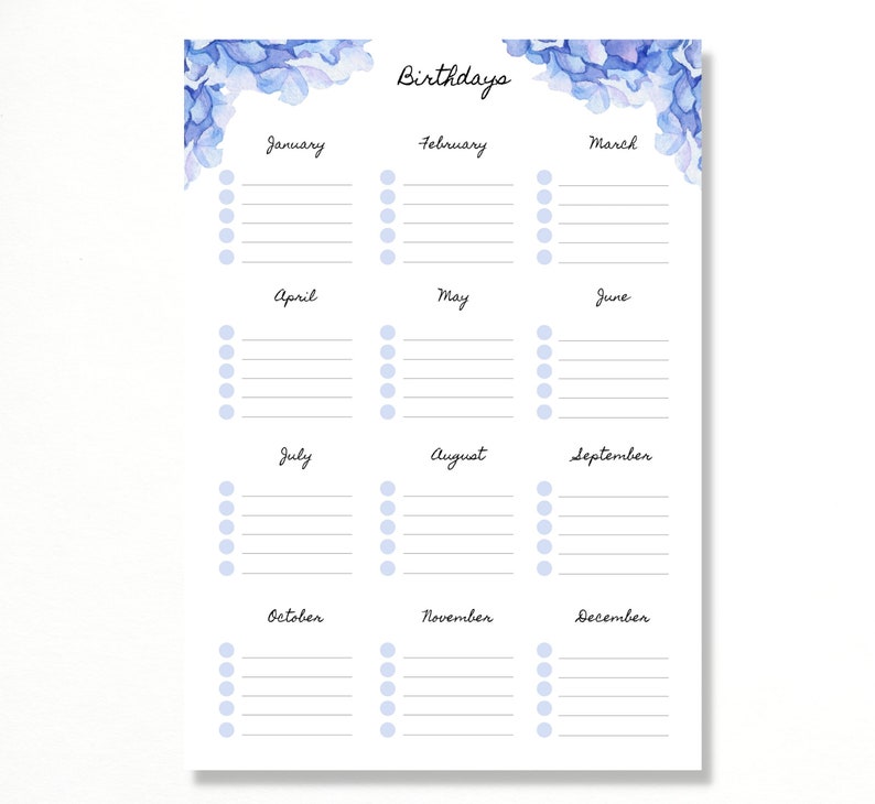 Birthday Tracker, Birthday Reminder, Birthday Planner, Floral Birthday ...