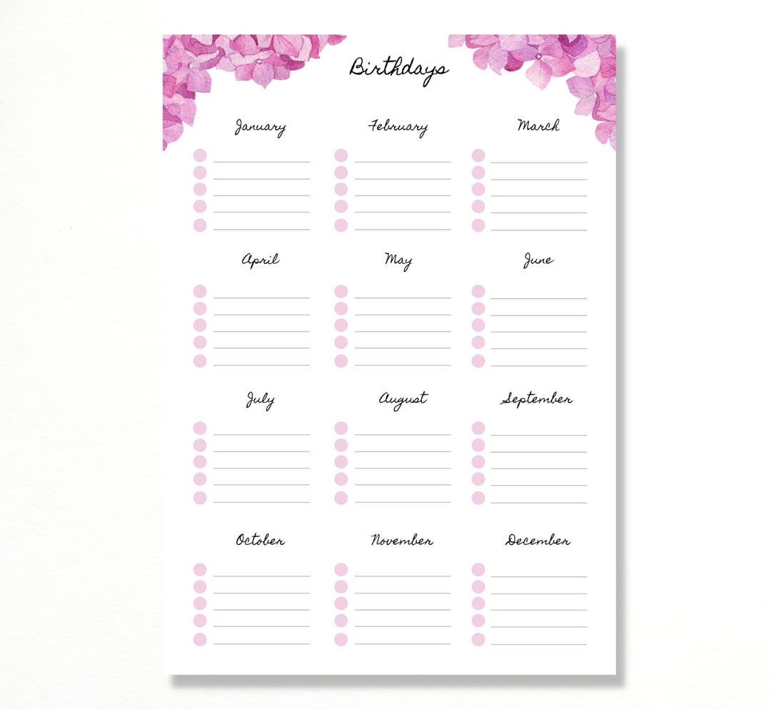 Birthday Tracker, Birthday Reminder, Birthday Planner, Floral Birthday ...
