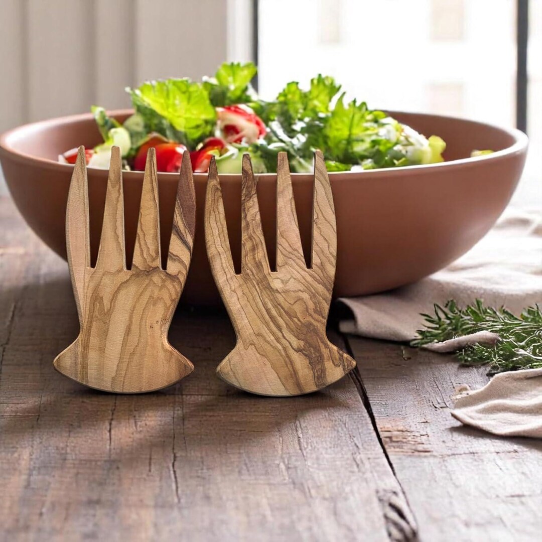 Olive Wood Salad Hands – Set of 2 Rustic Wooden Serving Forks ...