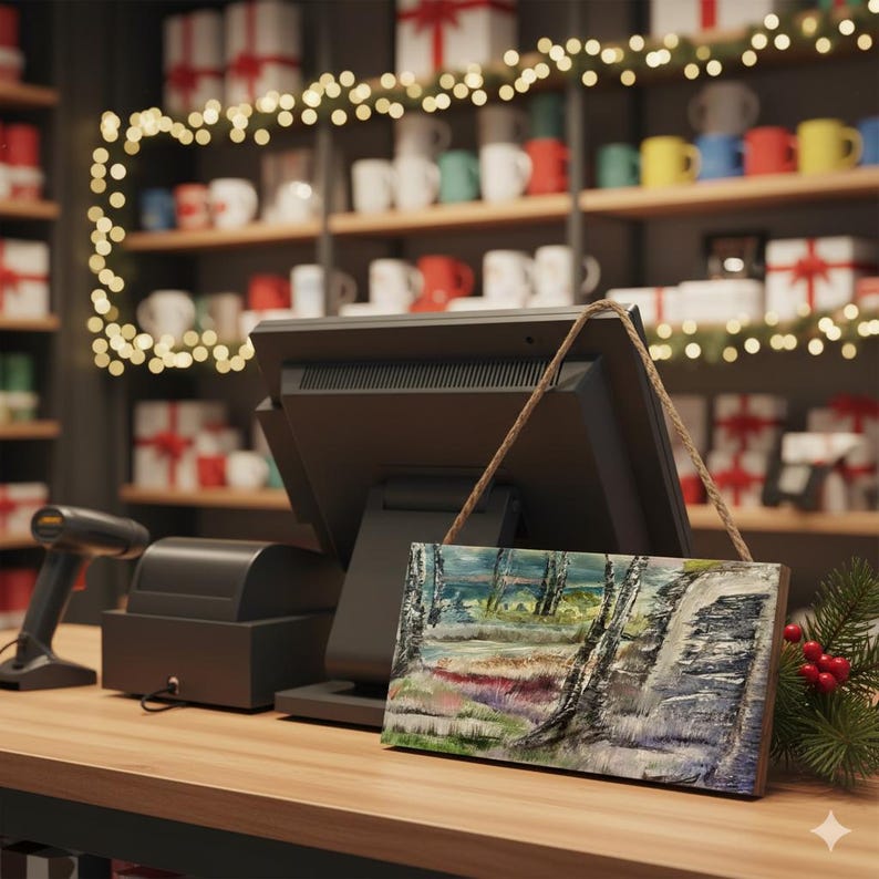 Birch Tree Waterfall Cedar Wall Art | Bob Ross Style Oil Painting Print ...