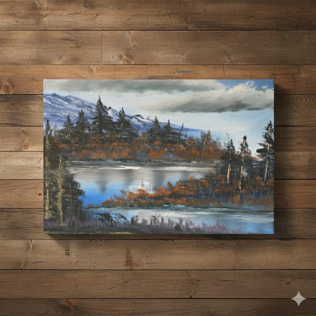 Serene Pine Lake Reflection Canvas | Bob Ross Inspired Landscape Print ...