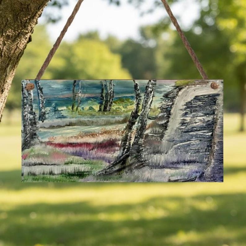 Birch Tree Waterfall Cedar Wall Art | Bob Ross Style Oil Painting Print ...