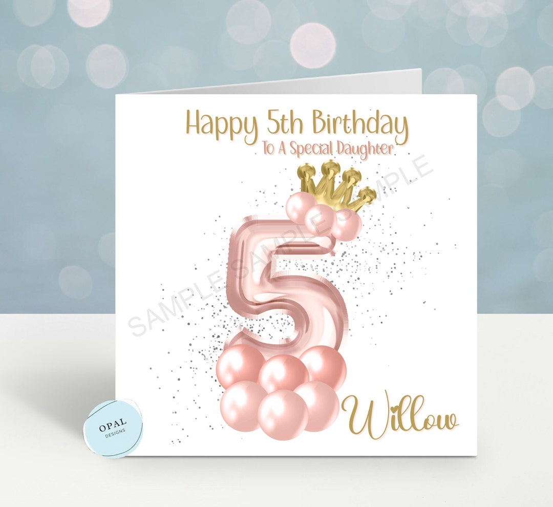 Personalised 5th Birthday Card Girls Princess Balloon Daughter Sister ...