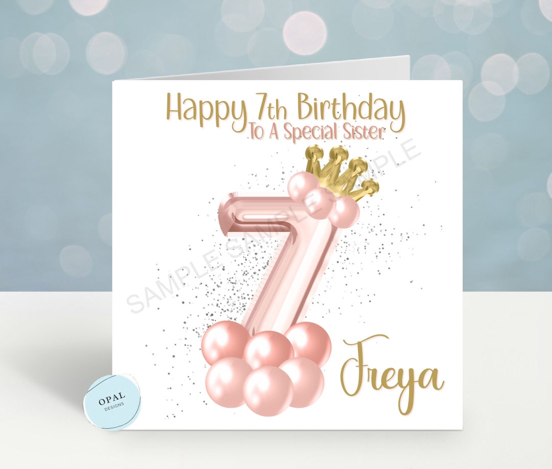 Personalised 7th Birthday Card Girls Princess Balloon Daughter Sister ...