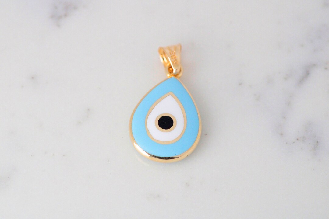 14K Solid Gold Evil Eye Drop Pendant, Real Gold Pendant, Evil Eye ...