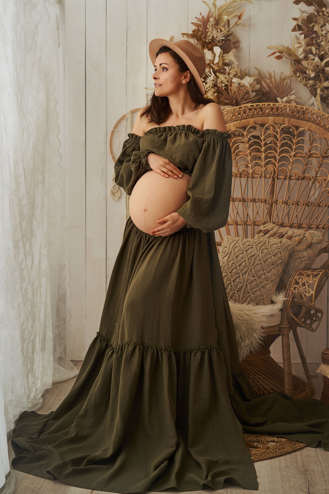 Boho Maternity Dress for Photo Shoot Khaki Boho Gown - Etsy