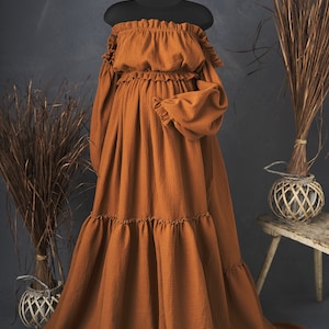 Rust Maternity Dress for Photo Shoot , Ready to Ship Bohemian Gown, Two ...