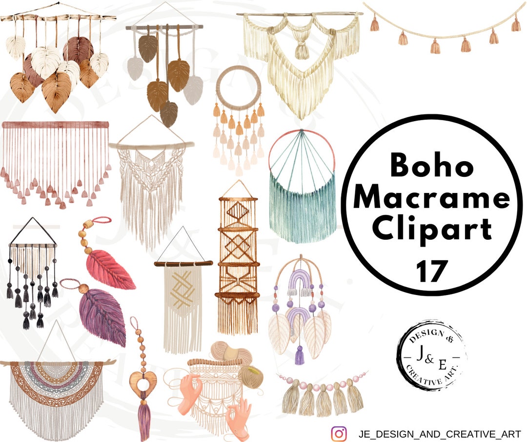 17 Boho Macrame Clipart, Watercolor Macrame Clipart, Bohemian Clipart ...