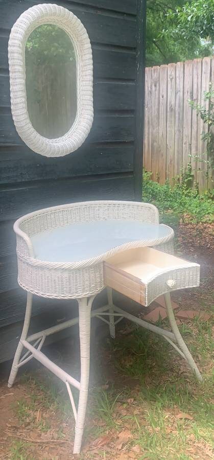 Antique Victorian White Wicker Rattan Glass Top Vanity Makeup Table ...