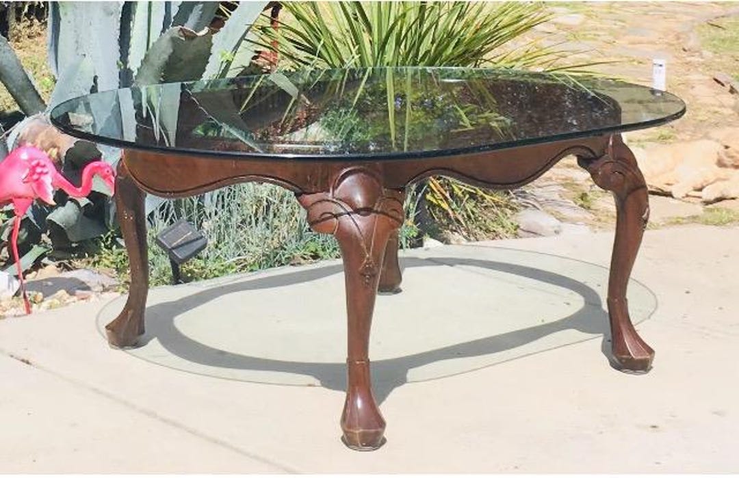 Vintage Oval Cherry Mahogany Queen Anne Glass Top Cocktail Coffee Table ...