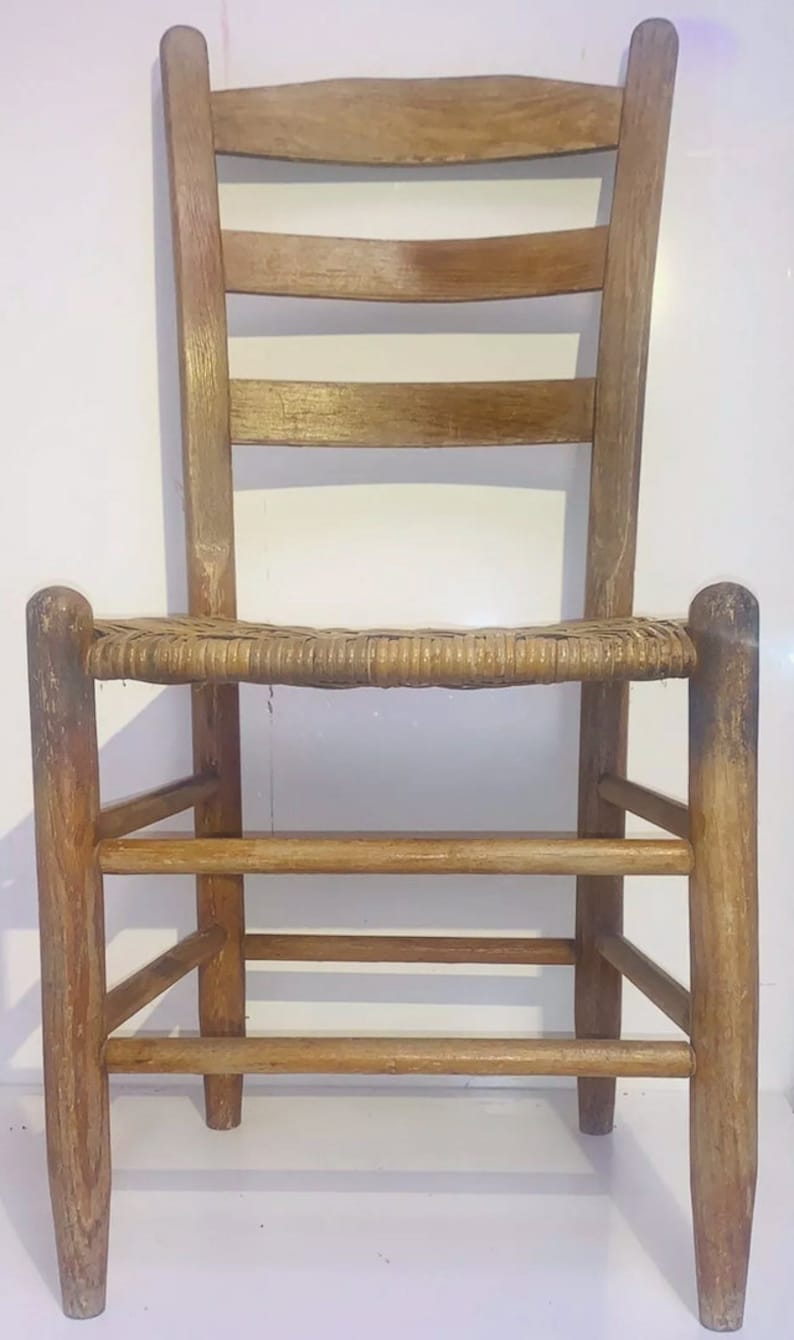 Antique Shaker Ladder Back Wood Dining Accent Chair W/ Woven Rush Caned ...